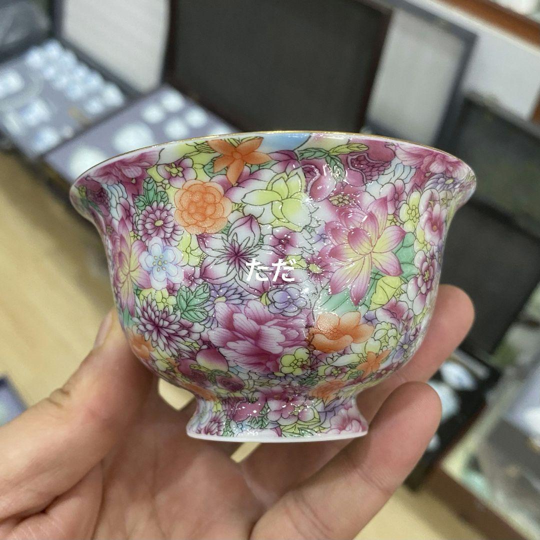 中国茶器 琺瑯万花三才蓋碗 陶磁茶碗 煎茶器 新品未使用