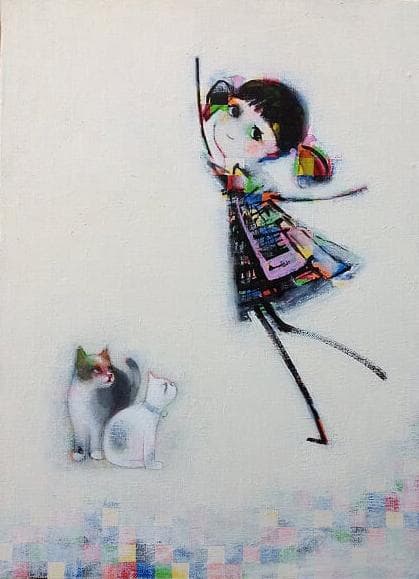 油絵 菅家令子 絵 絵画 インテリア F4-030419 猫と女の子