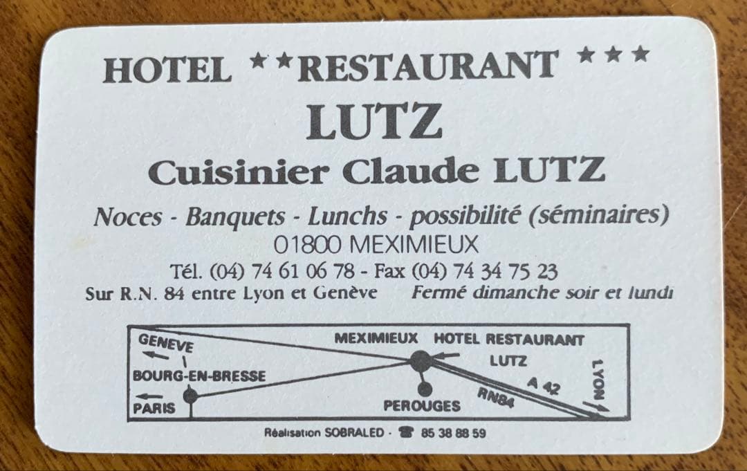 LUTZ・リヨン近郊メクシミュー村・ミシュラン三つ星カエル料理・入店証明カード