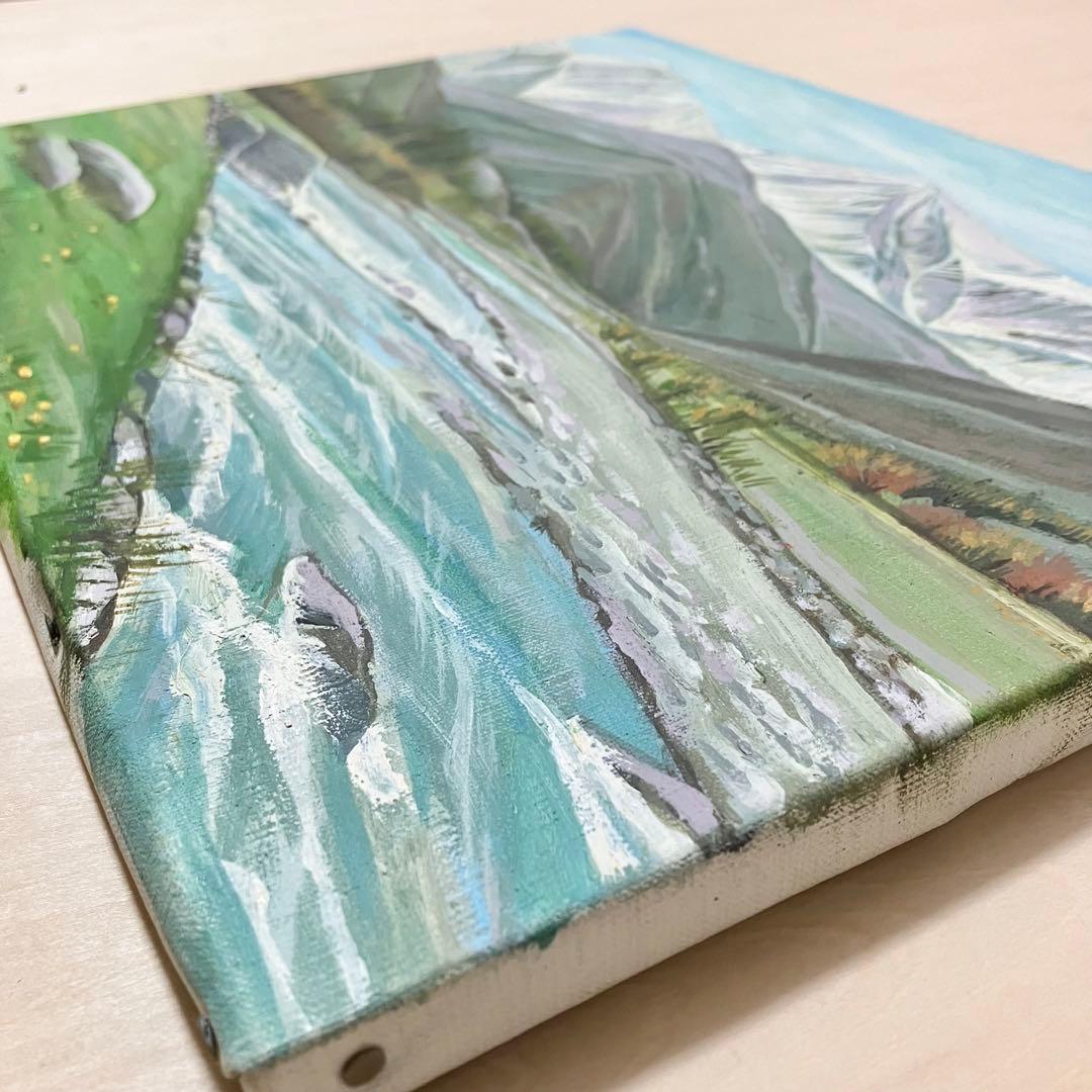 油彩画 :雪解けの春　山と川の風景＊絵画　原画　油絵　風景画　冬