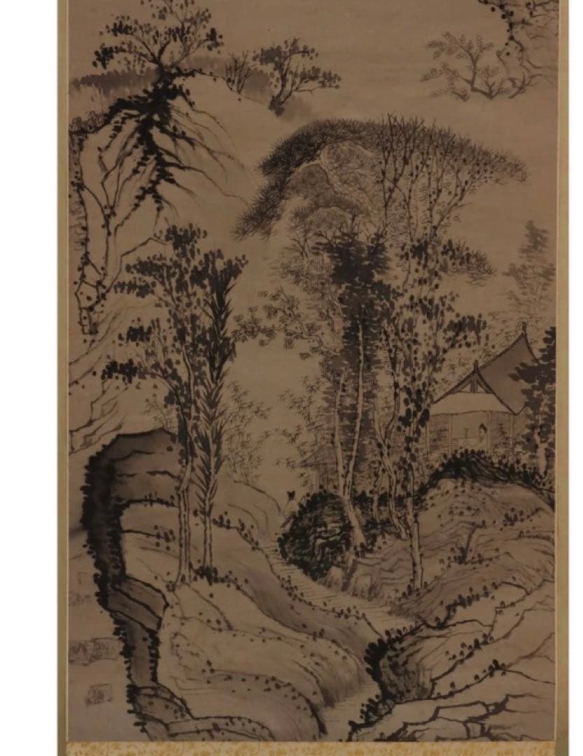 明清画家　石濤 石涛 掛軸(紙本) 水墨 「山水飛瀑図」 砡製画軸