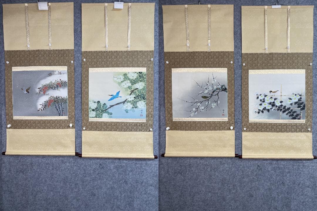 福*至様 鈴木銀嶺『四季花鳥図』四幅対 美術年鑑掲載作家 各展入 大綜美術会会員