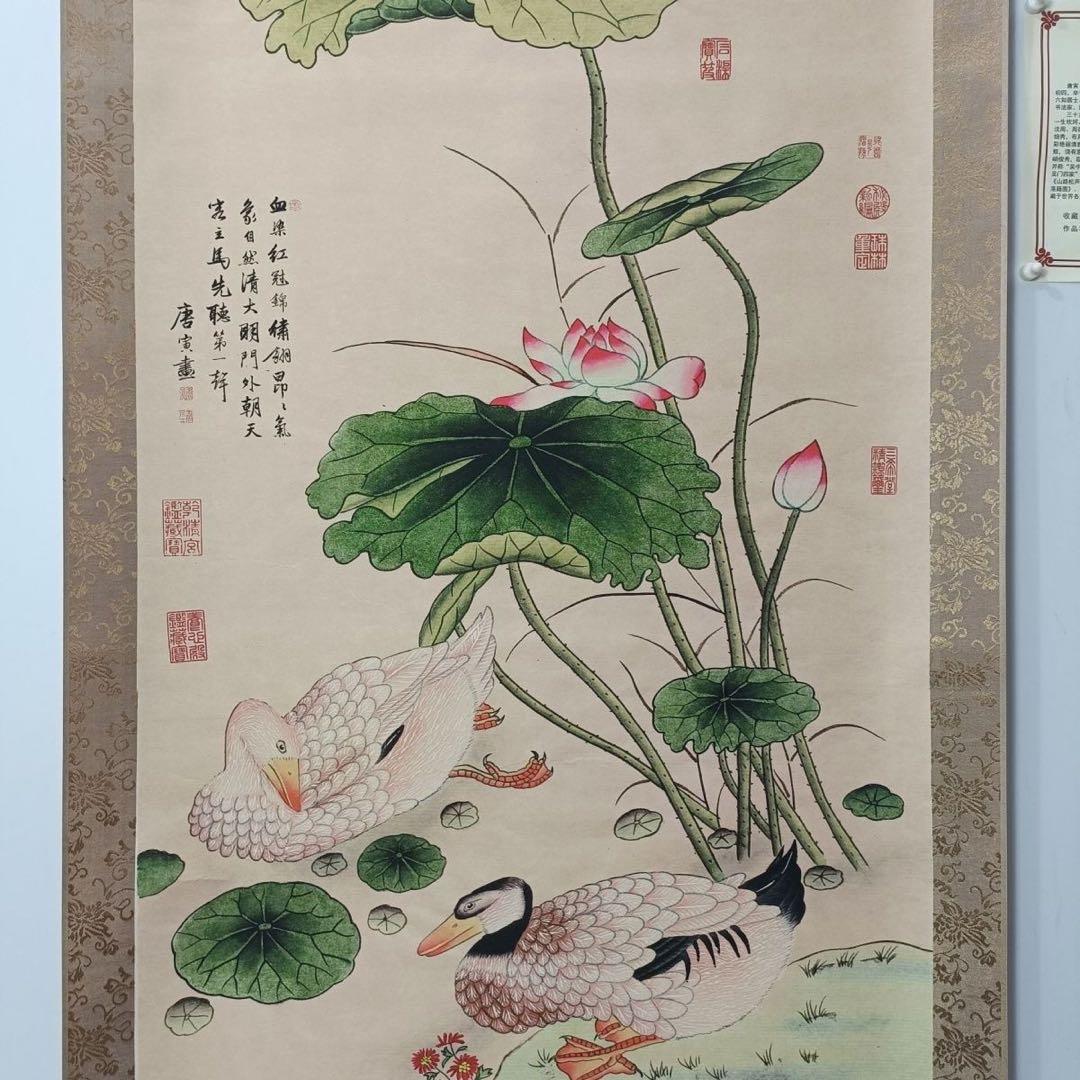 唐寅 荷塘雅趣 掛け軸 中堂 花鳥画 中国画 表装済 サイズ：70×173cm