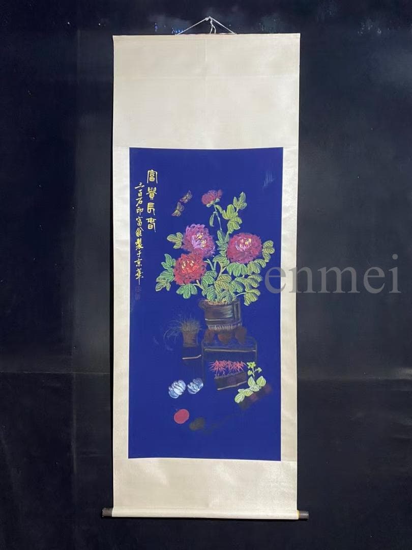 中国古美術・旧藏珍品・齐白石款・花卉画・宣紙・純手描き・掛軸・中堂畫・藍地装飾