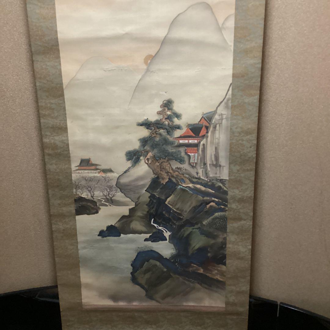 橋本雅邦筆【絹本、楼閣山水図　着色画】岩絵具使用【橋本秀邦　鑑識箱】模写NO92