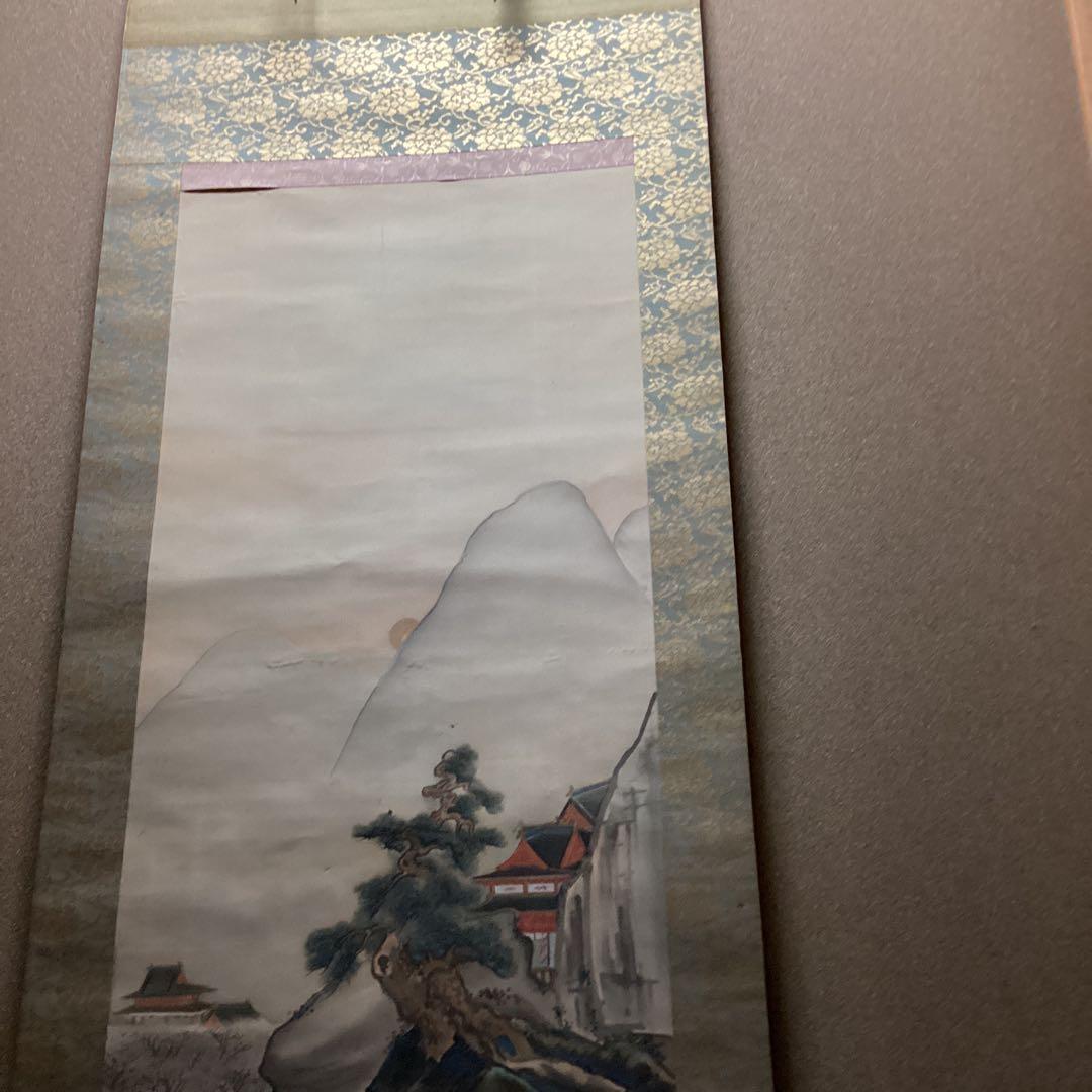 橋本雅邦筆【絹本、楼閣山水図　着色画】岩絵具使用【橋本秀邦　鑑識箱】模写NO92