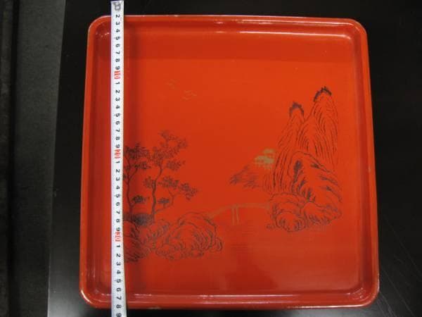 赤い漆器 ３膳 セット　　山水画　１９５０年代ころ