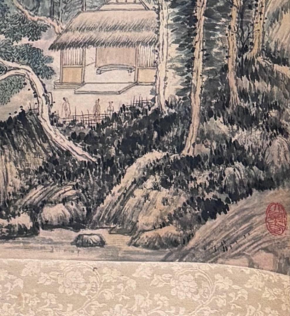 水墨画　掛け軸　山冷雨催紅 謝陽画　山水　中国　張大千大風堂　カラー　箱付