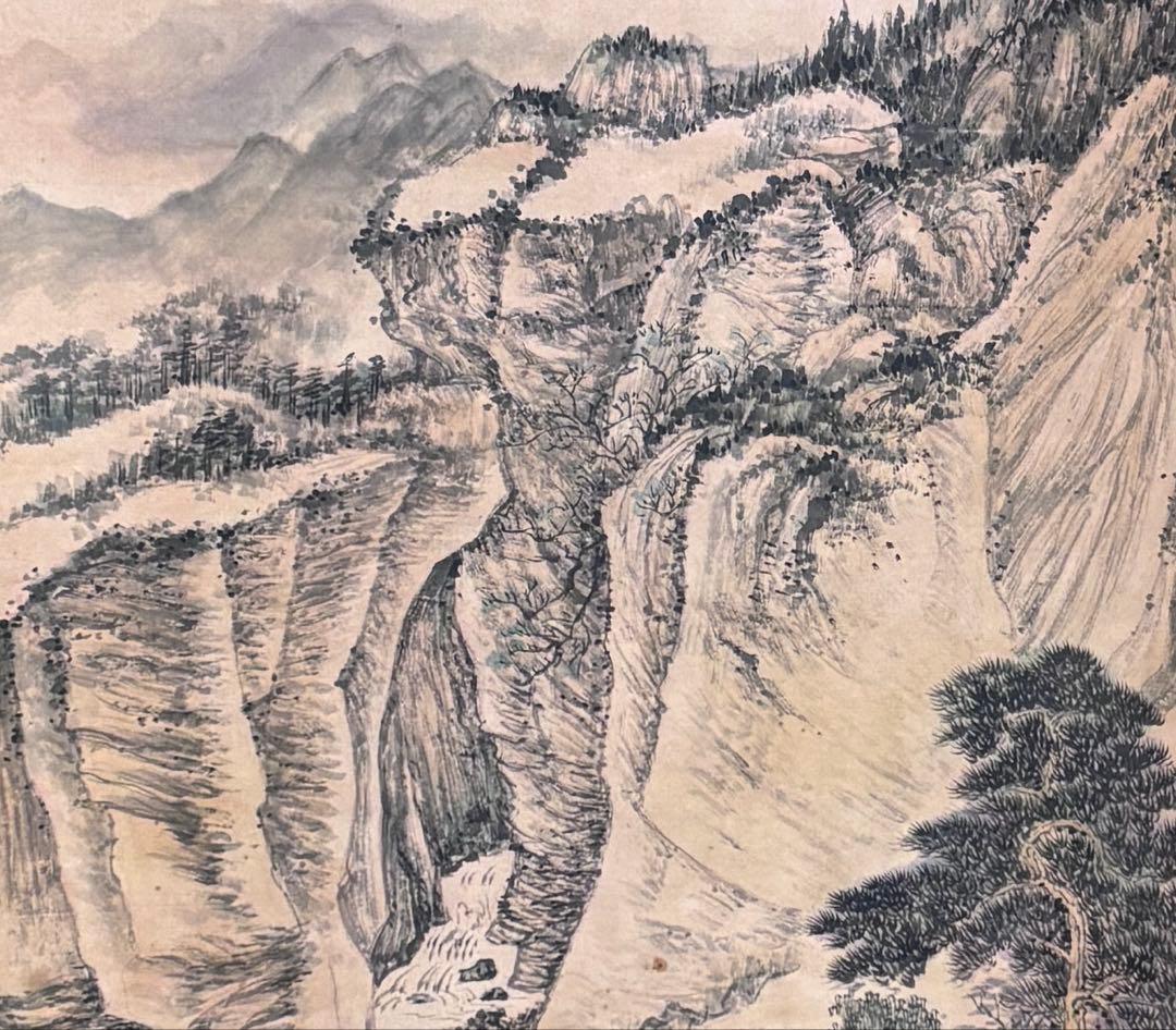 水墨画　掛け軸　山冷雨催紅 謝陽画　山水　中国　張大千大風堂　カラー　箱付