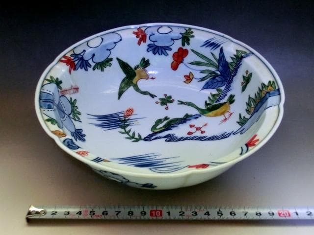 鉢■色絵染付「弥左衛門」花唐草 鳥 花弁型 丸鉢 平鉢 菓子器 時代物 骨董品■