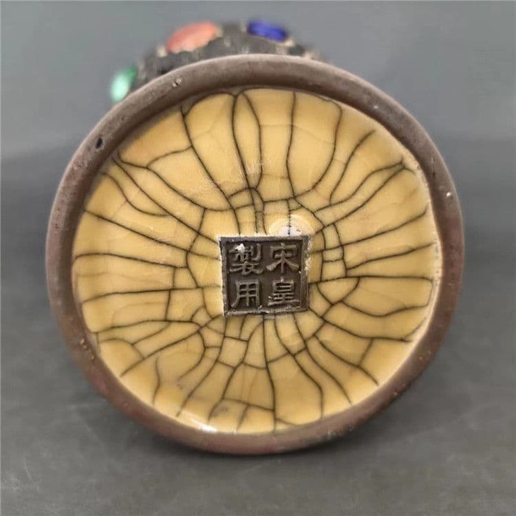 宋代の黄釉金糸開片蒔絵刻字宝石鯉瓶   陶磁器  現代工芸品 美術品 置物