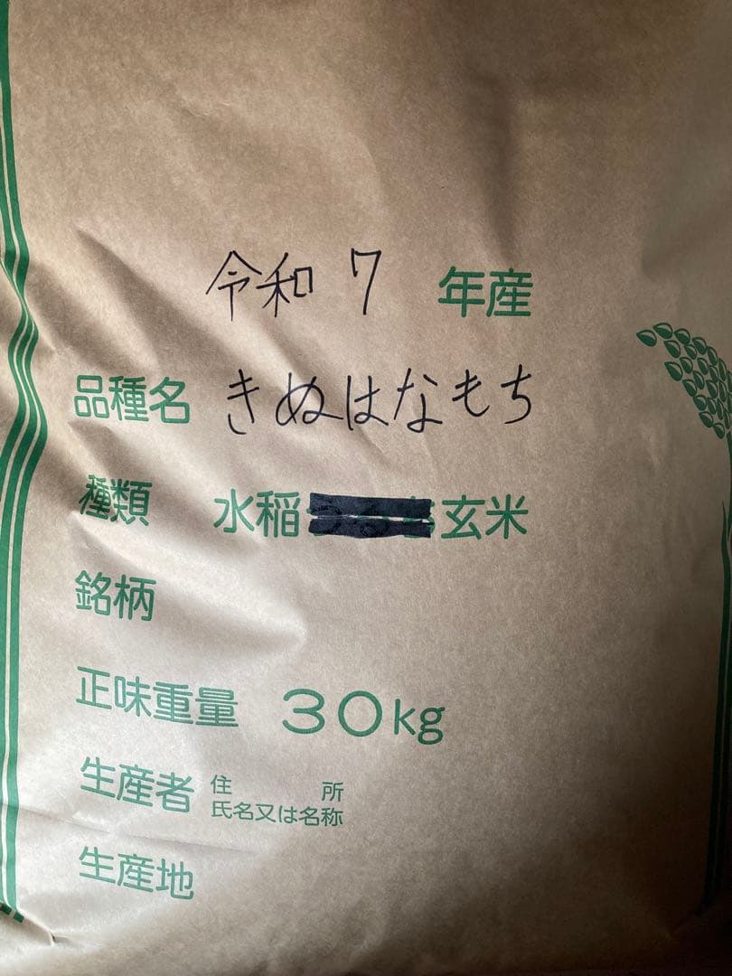 【送料別】令和7年栃木県佐野市産きぬはなもち（餅米）玄米30kg