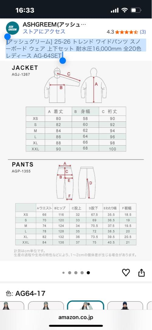 ASHGREEM AG-64SET スノーボードウェア 上下セット