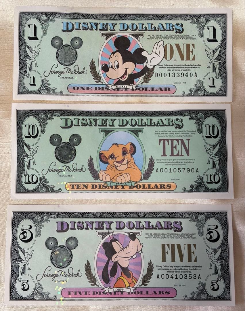美品Disney Dollars 封筒付1990年代 $1 $5 $10
