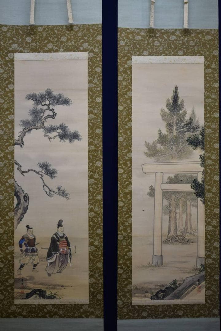 模写/梅里/北畠顕信卿鳥海山祈願之図/双幅/布袋屋掛軸HE-274