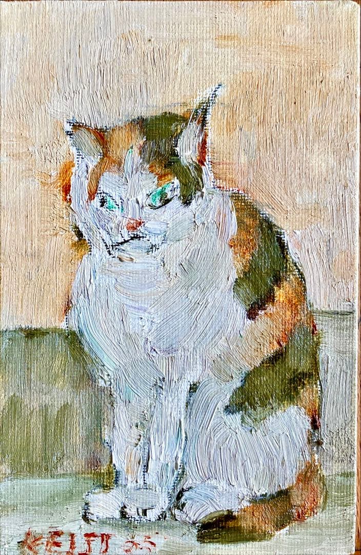 【鶴林】猫の油彩画 小型と猫 水彩画