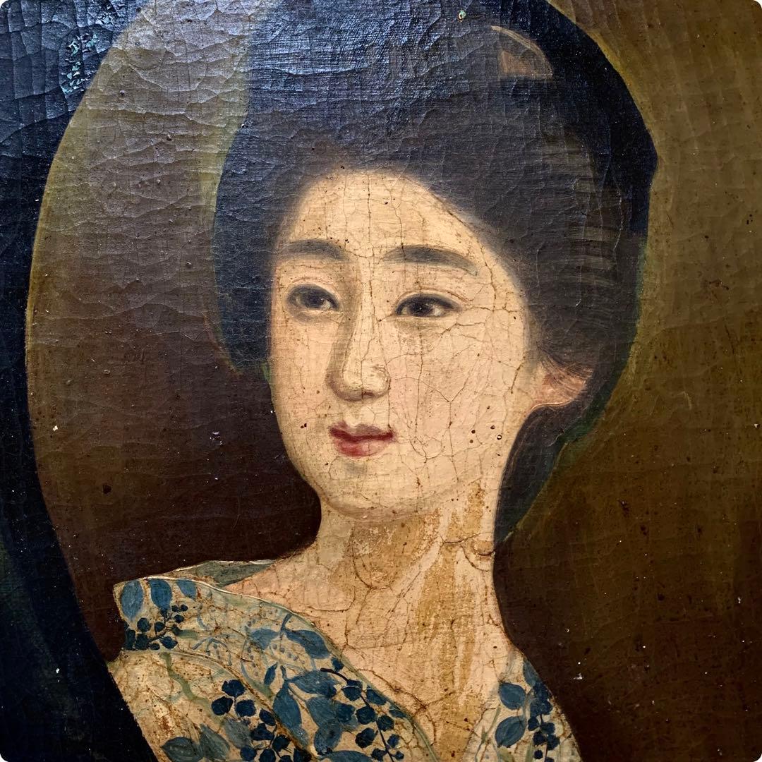 超希少　第一回文化勲章　鑑定書有り　岡田三郎助　油彩肉筆画　F8当時物　円窓少女