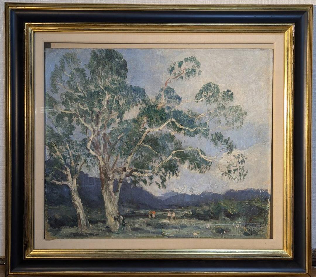 【真作】絵画　梶原貫五　油彩10号　夏の白樺　雄大な木々と田園風景　V39