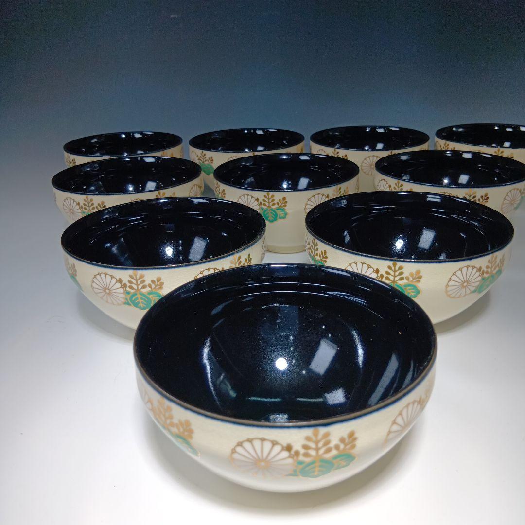 茶道具　(原平窯)加藤昌山造　仁清風天目形菊桐文数茶碗　10客　美品、共箱