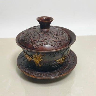 銅器 中国茶器 龍鳳呈祥銅鎏金三才蓋碗 茶碗 カップ 工芸品 置物