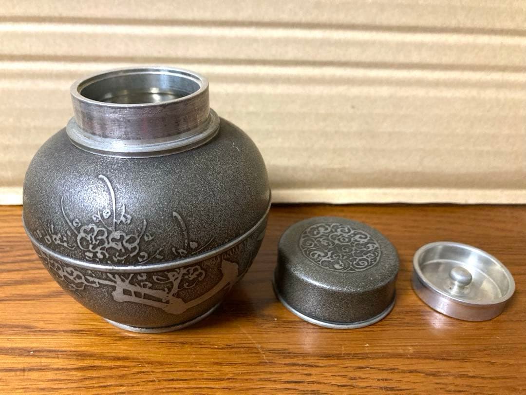 希少 ビンテージ 錫製 茶壷 茶道具 古美術 骨董 刻インテリア レトロ 当時物