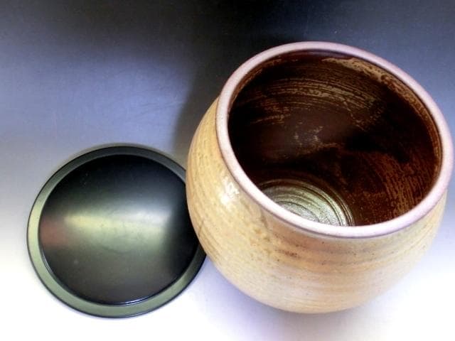 水指■丹波焼き 塩壷型【祥公造】漆器の蓋 塗蓋 桐共箱 お茶道具 時代物 骨董■