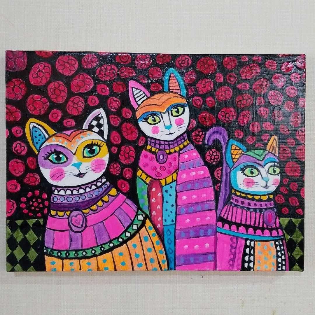 油絵　専用　カラフルおしゃれ猫三姉妹