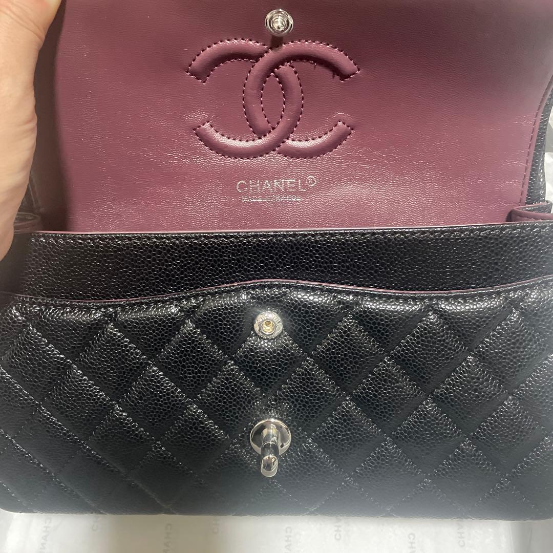 CHANEL ダブルチェーン　フラップバッグ　キャビアスキンシルバー