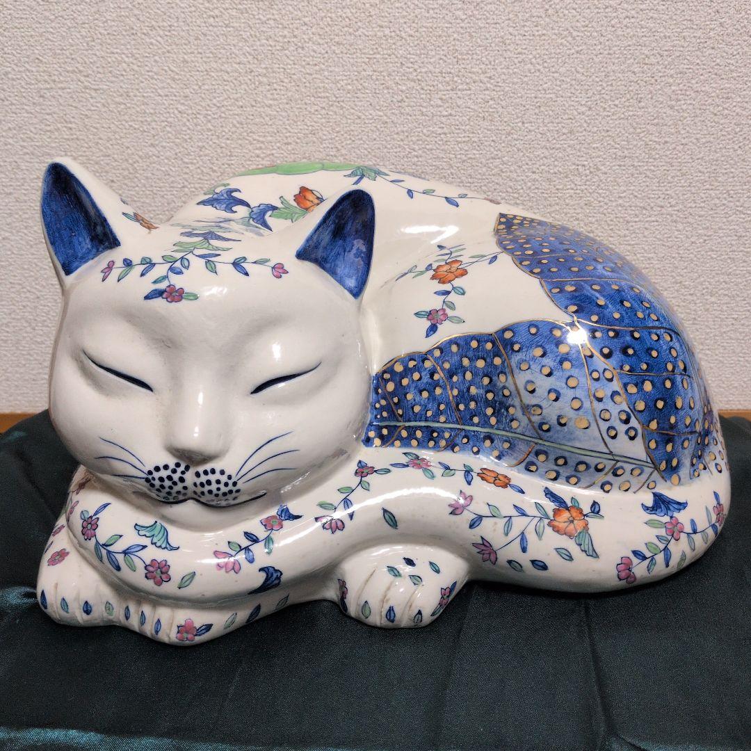 景徳鎮 雅玩珍蔵 眠り猫 招き猫 中国美術 色絵 金彩 骨董品 古美術
