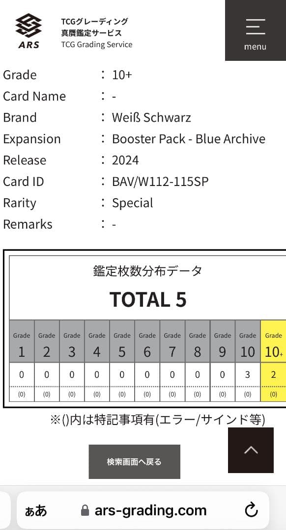 PSA10より難しい最高ARS10+鑑定品！サイン入りSP一之瀬アスナ 鑑定書付