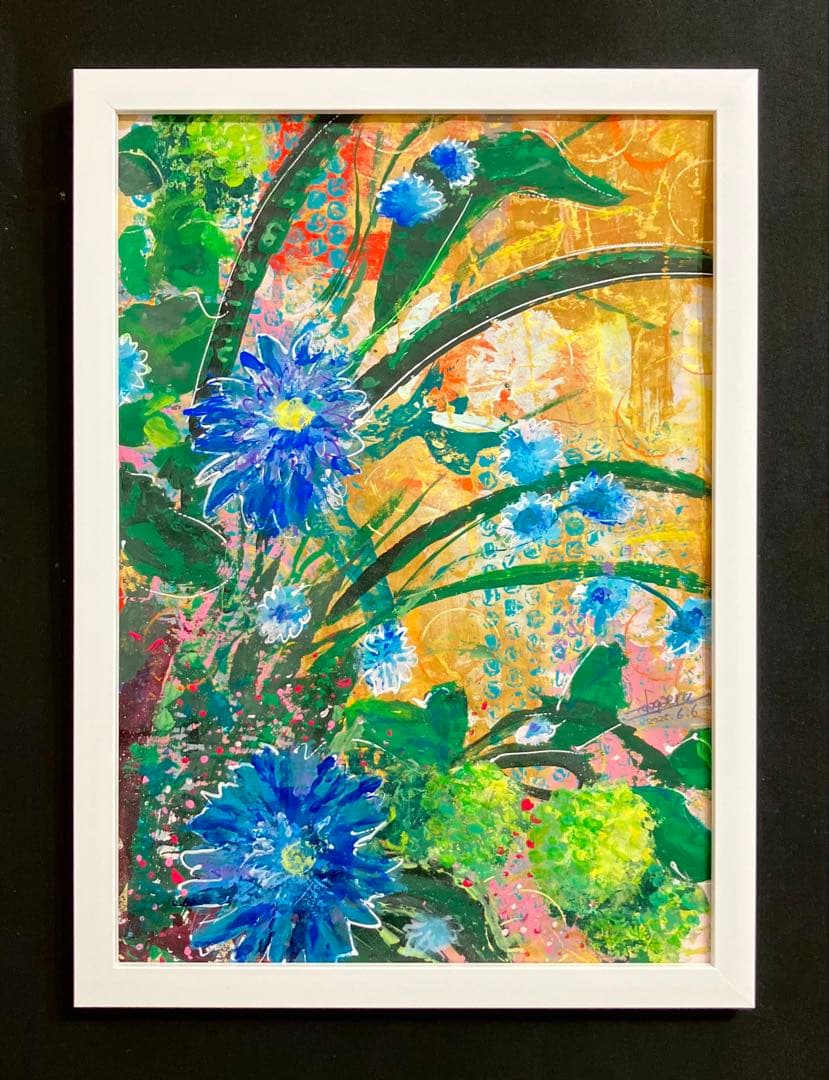値下げ　原画　花　額付き　静物画　絵画　アクリル画　現代アート　一点物