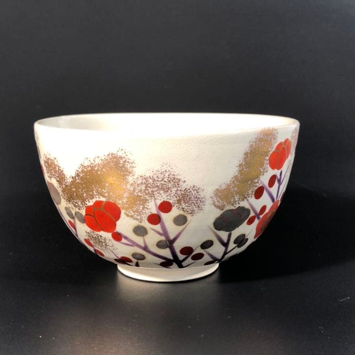 【茶道具】抹茶碗　色絵梅　市川通三　共箱　紅梅　R0322お4