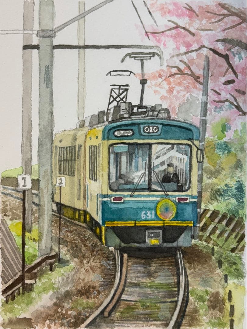 水彩画(F4サイズ、嵐電の風景)