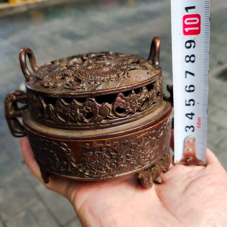 銅器 重工 彫刻 竜鳳薫香炉 美品 茶道具 香道具 工芸品美術品 置物