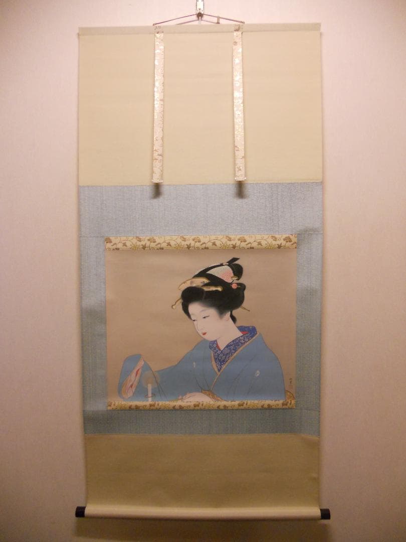 掛け軸 上村松園 『 灯 』 美人画 名品 複製 希少 茶道具 掛軸 新品