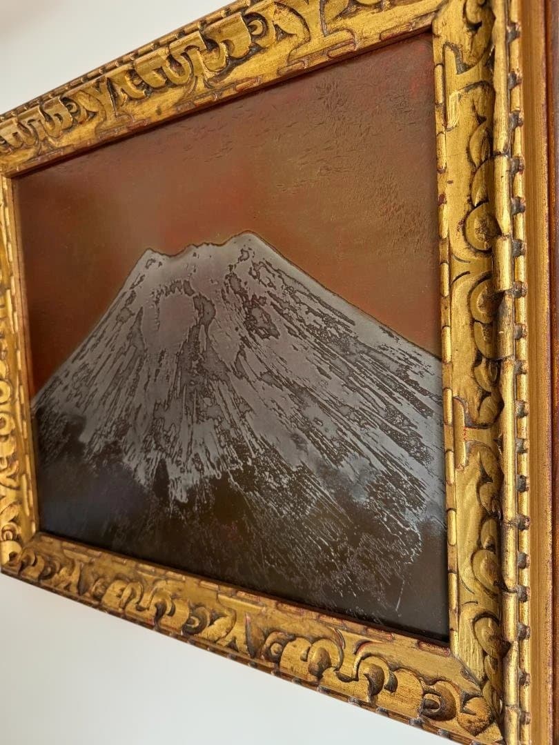 富士山 立体金属アート アンティーク調 金色木製額