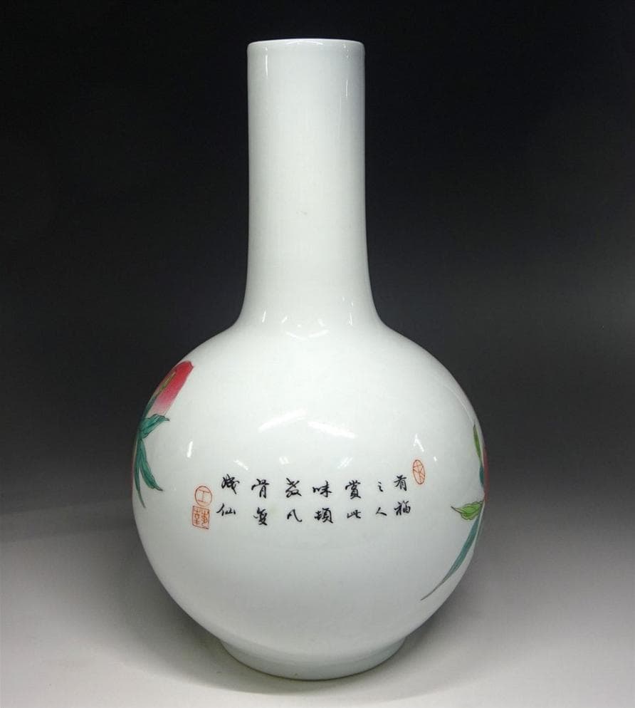 中国古玩 粉彩 桃漢詩文 景徳鎮製 花瓶 高約28.5cm f031107