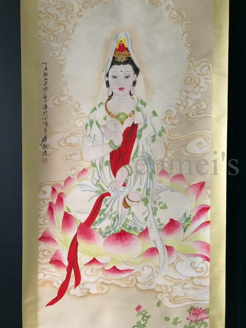 中国古美術・純手描き四尺観音菩薩掛軸・水彩画・張大千印款・珍品画・肉筆・文房置物
