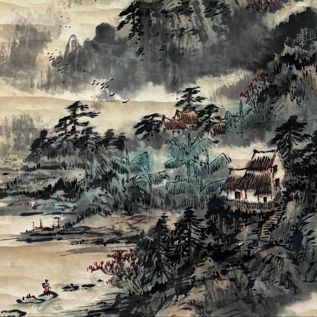 水墨画　掛軸　山寨雲図 謝陽画　中国　絵画　山水　箱付　張大千大風堂　カラー