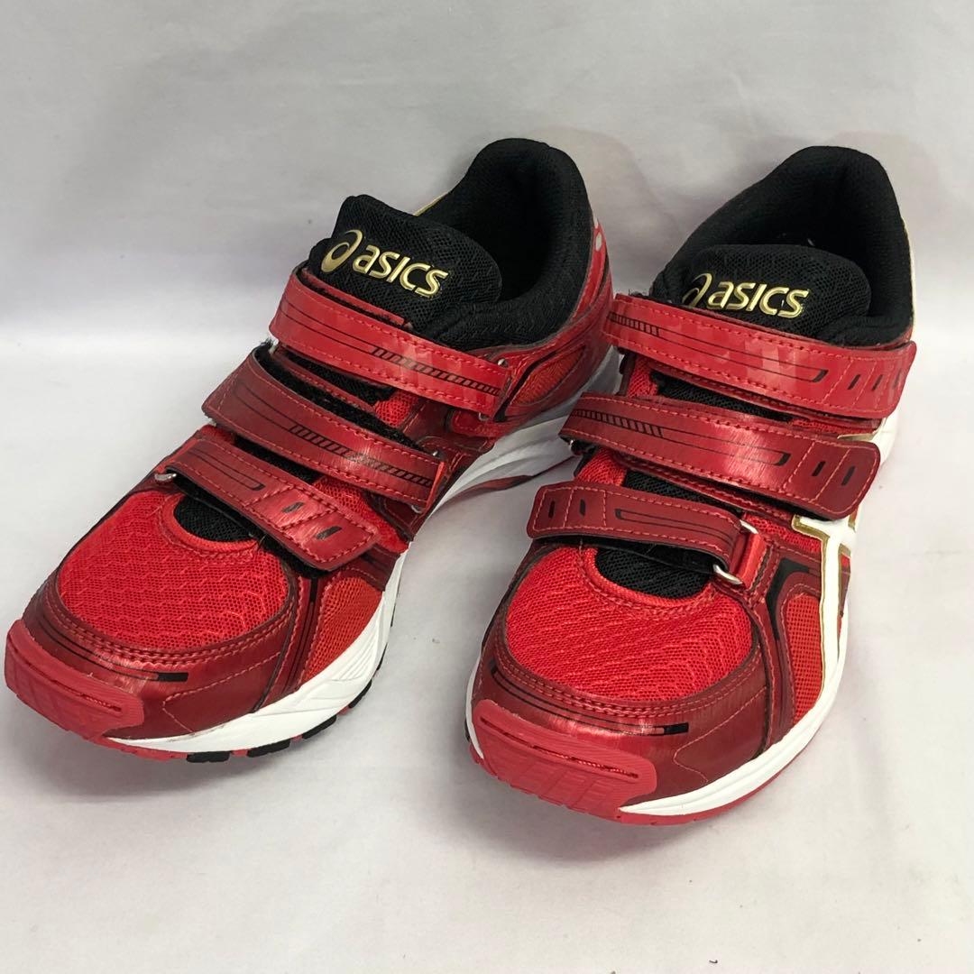 64】asics トレーニング シューズ 赤 3本ベルト 25cm アシックス