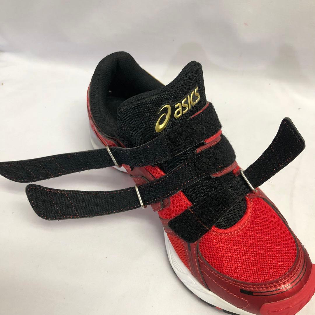 64】asics トレーニング シューズ 赤 3本ベルト 25cm アシックス