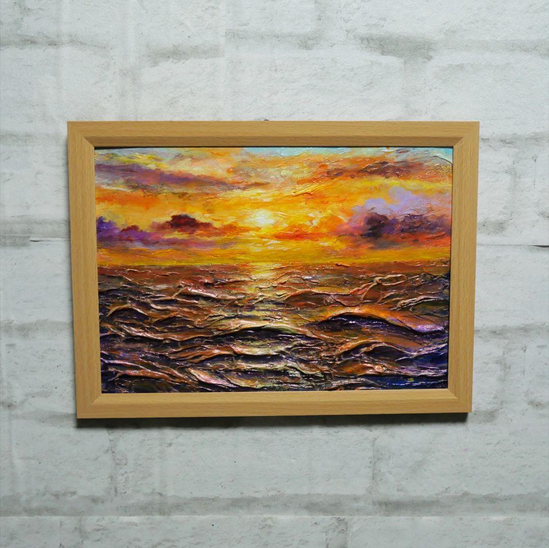 油絵 油彩 油彩画 絵 絵画【夕焼けの海】A4