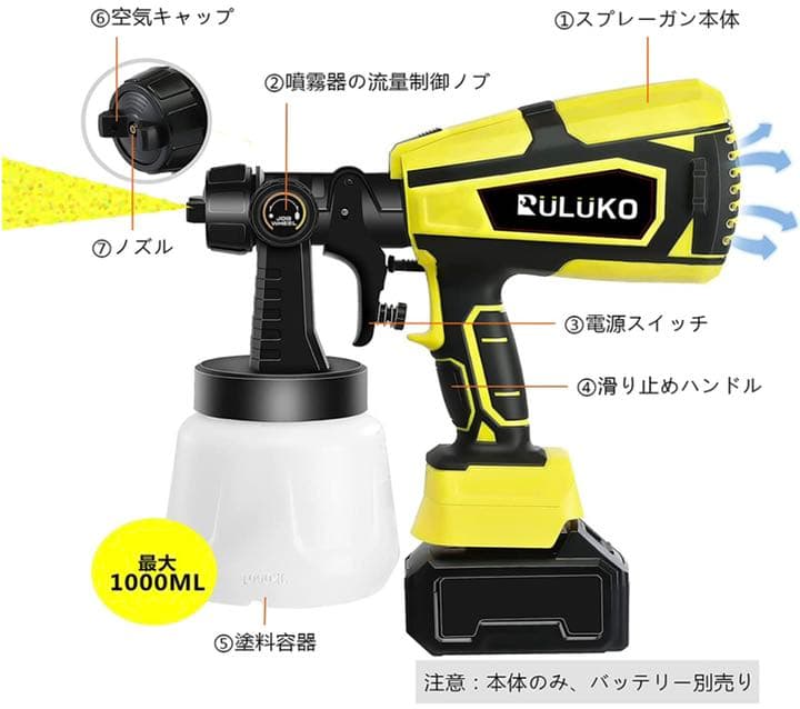 電動スプレーガン 塗装ガン小型 1000mlコードレス電動塗装機21Vバッテリー