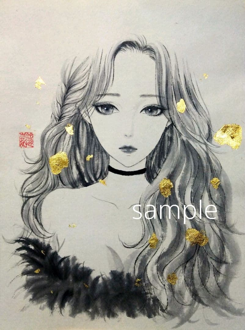 肉筆原画　墨絵　美人画　絵画　水墨画