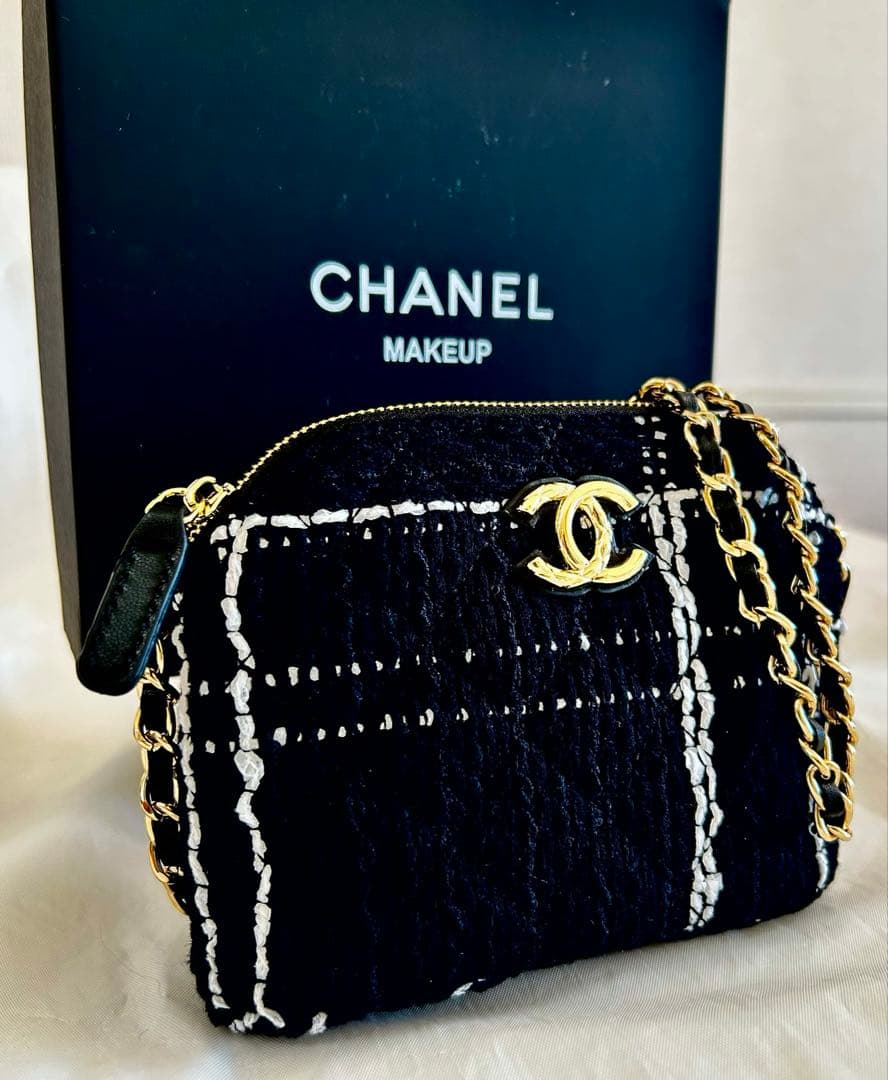 CHANELシャネル ノベルティ チェーン ショルダーバッグ ツイード ブラック