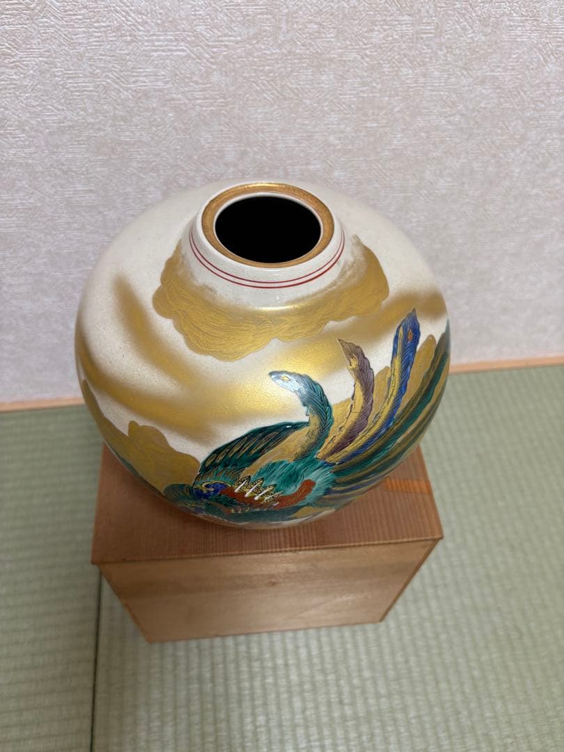 金色鳳凰の陶器花瓶 木箱付き