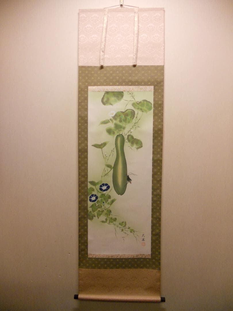 掛け軸 小川大鳳 作 『 糸瓜に朝顔 』 絹本 希少 軸装 茶道具 掛軸 美品