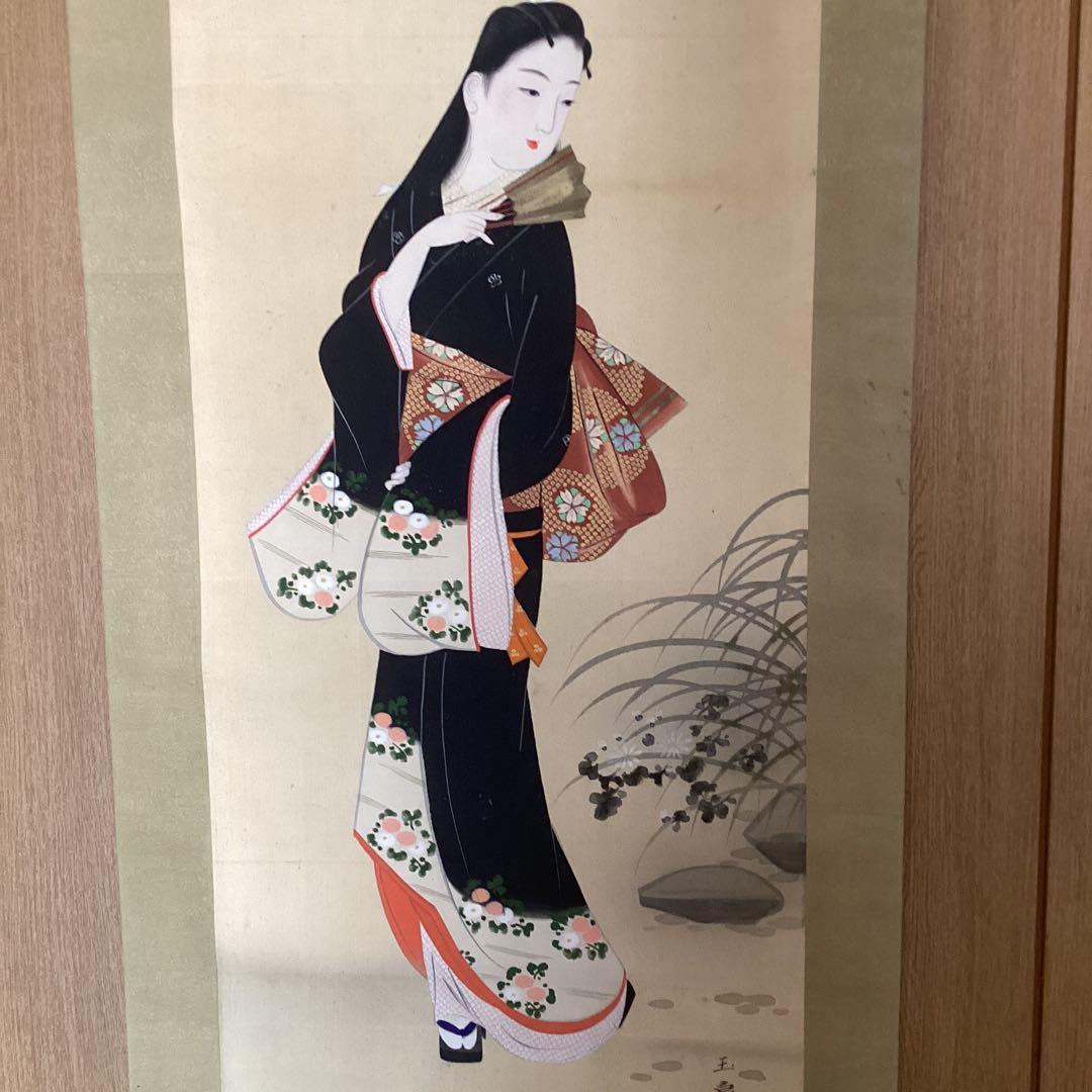 絹本着色画　【　月　下　美　人　之　図　】　玉泉筆　　桐箱　掛軸　一幅　297