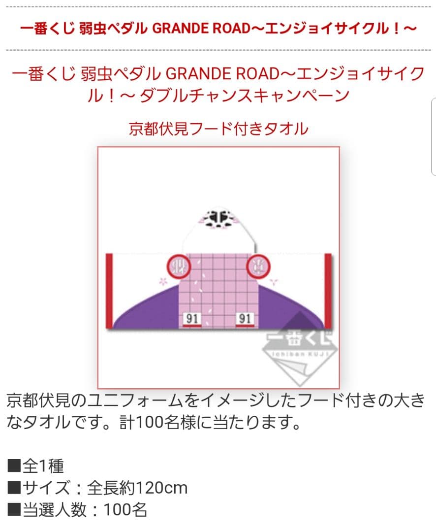 弱虫ペダル 一番くじ ダブルチャンスキャンペーン 京伏 御堂筋 フード付きタオル