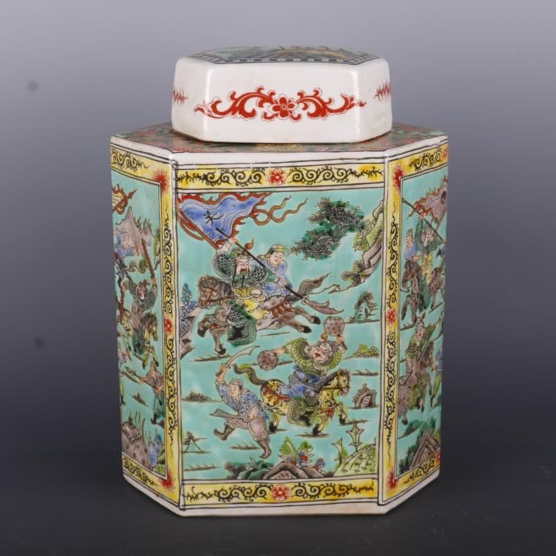 緑地パステル戦将紋お茶の缶 景徳鎮 陶磁器 装飾品 現代工芸品 美術品 置物